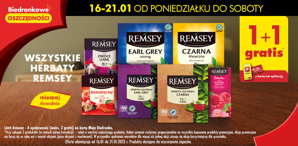 Herbaty Remsey 1+1 gratis w Biedronka - Dealshunter.pl